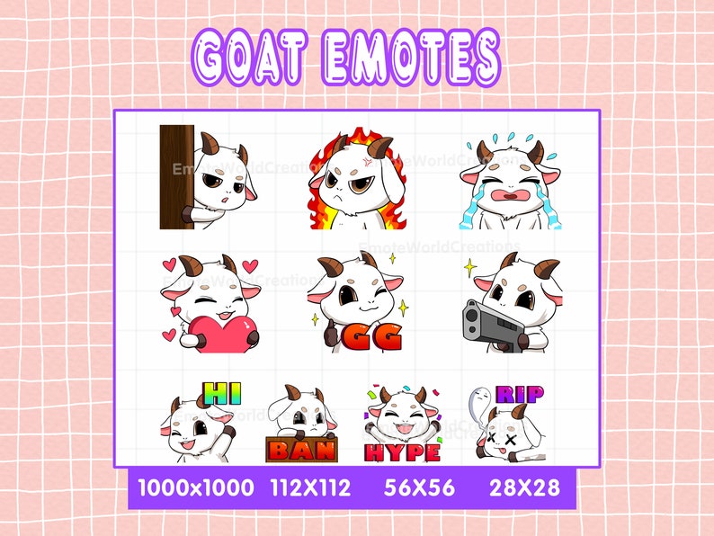 Cute White Goat Emotes for Twitch or Discord Streamers, 10 Goat Emoji ...