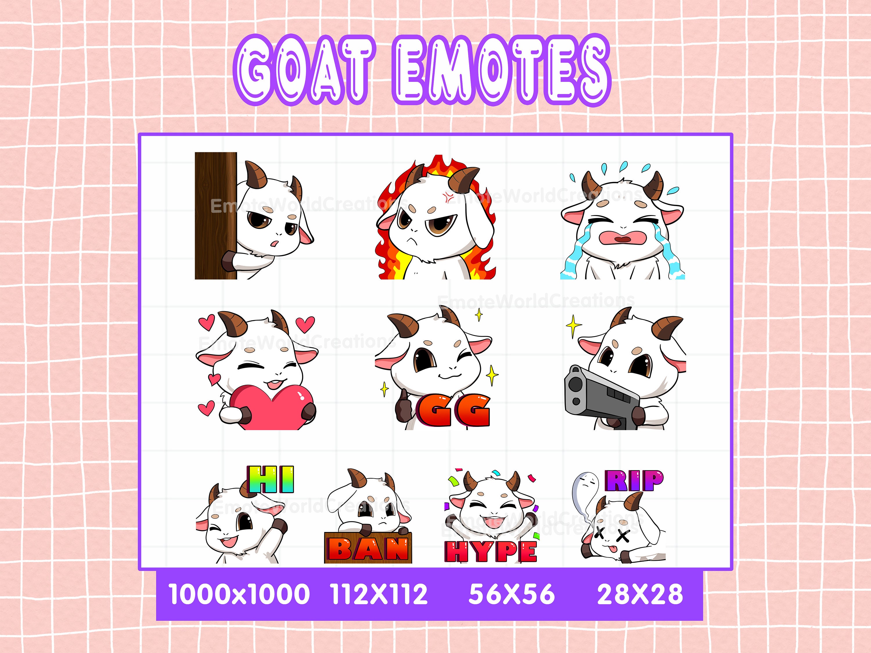 Cute White Goat Emotes for Twitch or Discord Streamers, 10 Goat Emoji ...
