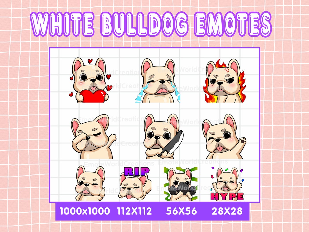 Cute White Bulldog Dog Emotes for Twitch or Discord Streamers, Dog ...