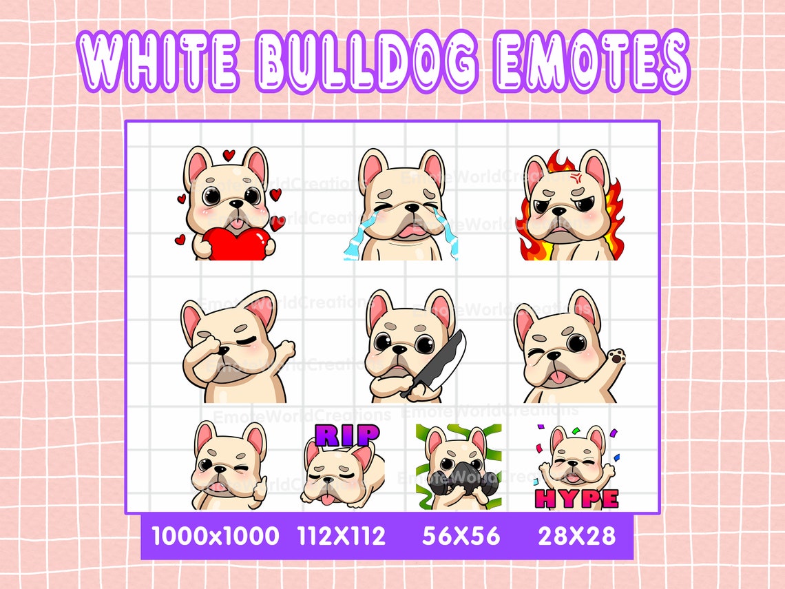 Cute White Bulldog Dog Emotes for Twitch or Discord Streamers, Dog ...