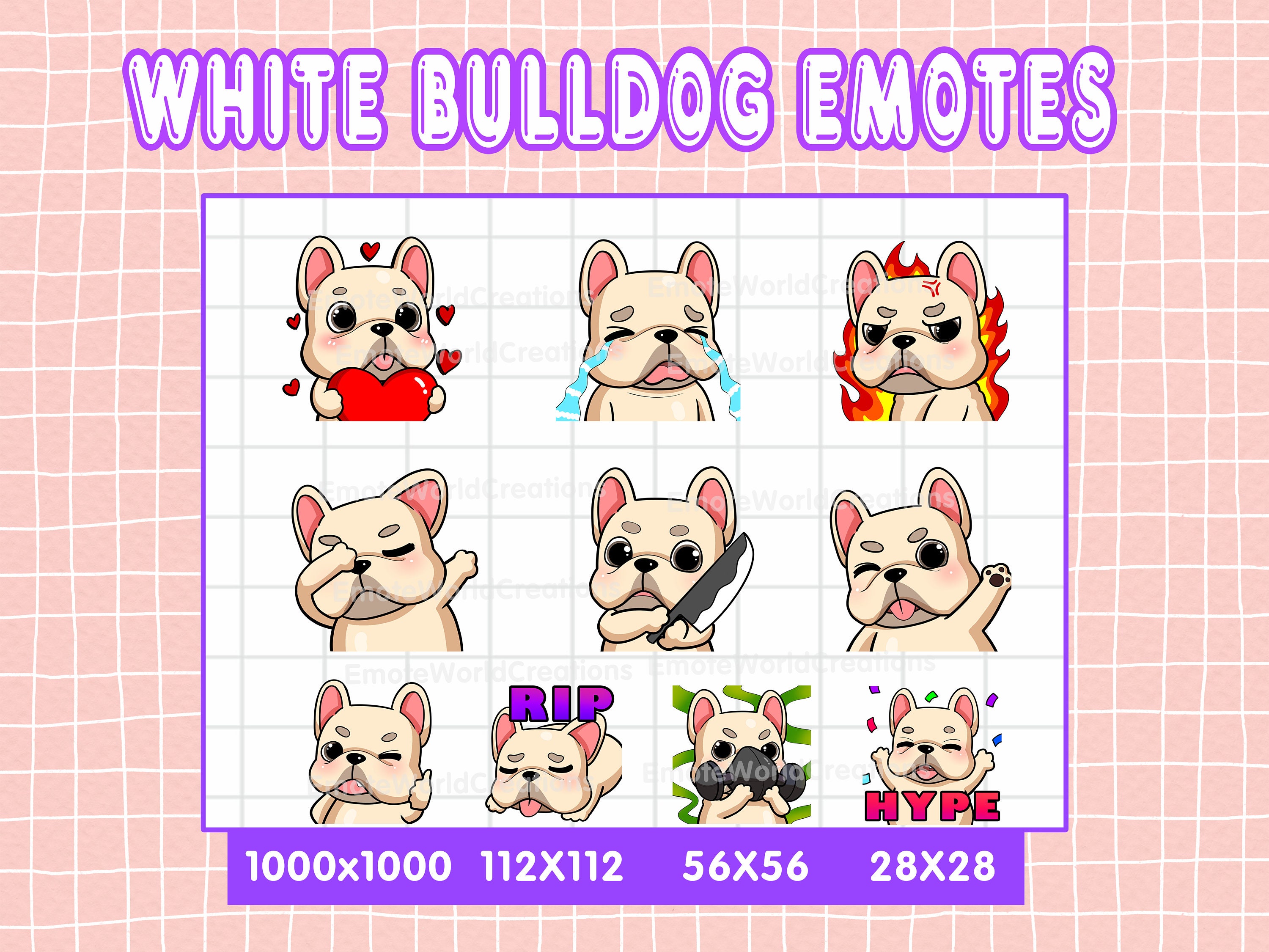 Cute White Bulldog Dog Emotes for Twitch or Discord Streamers, Dog ...
