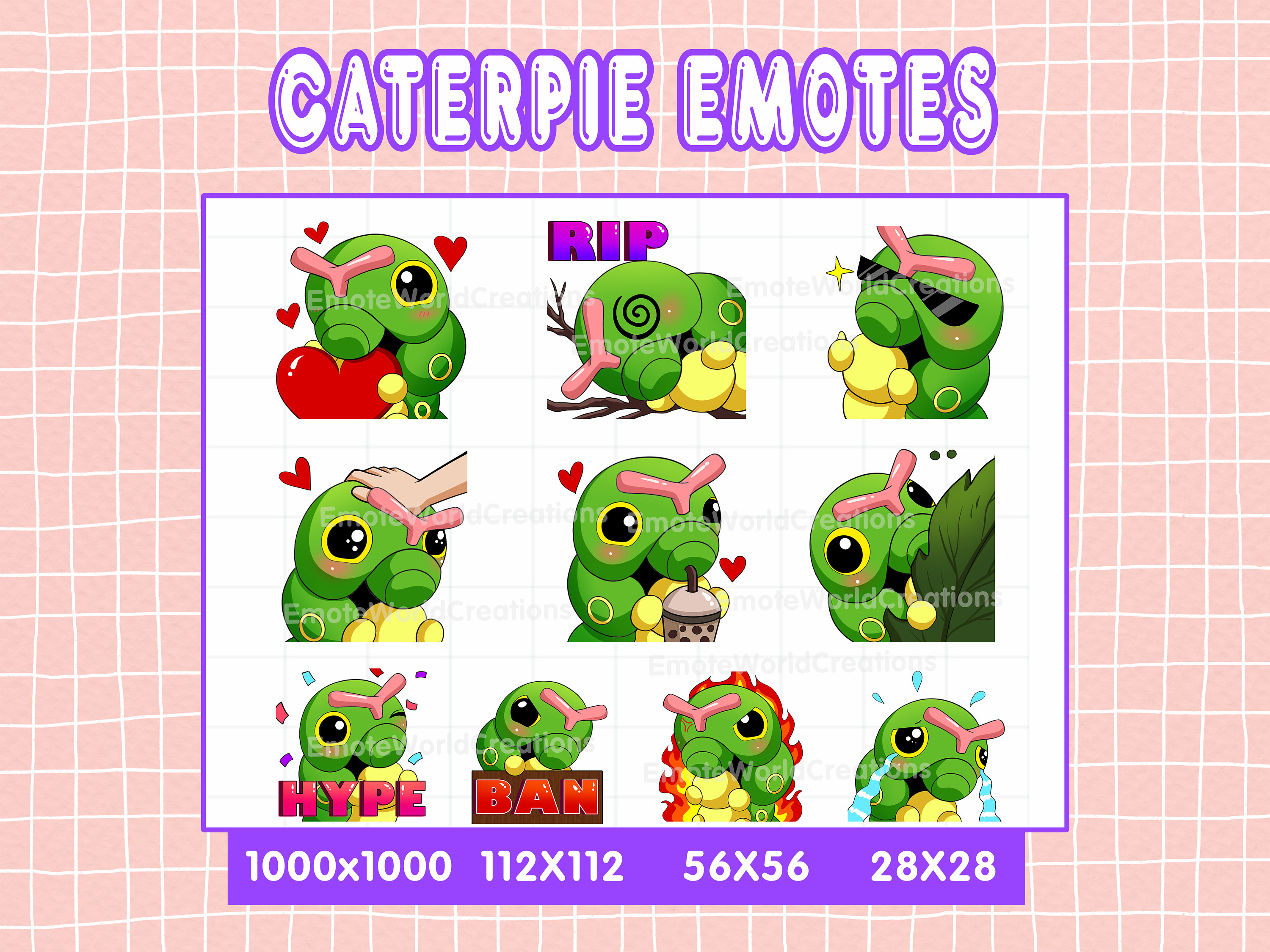 Cute Caterpie Pokemon Emotes for Twitch or Discord Streamers, 10 Worm ...