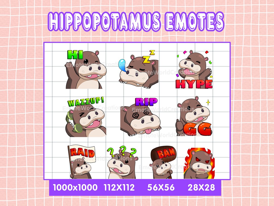 Cute Hippopotamus Emotes for Twitch or Discord Streamers, 10 Hippo ...