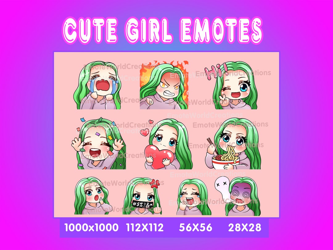 Green Hair Girl Emotes for Twitch or Discord Streamers, Chibi Girl ...