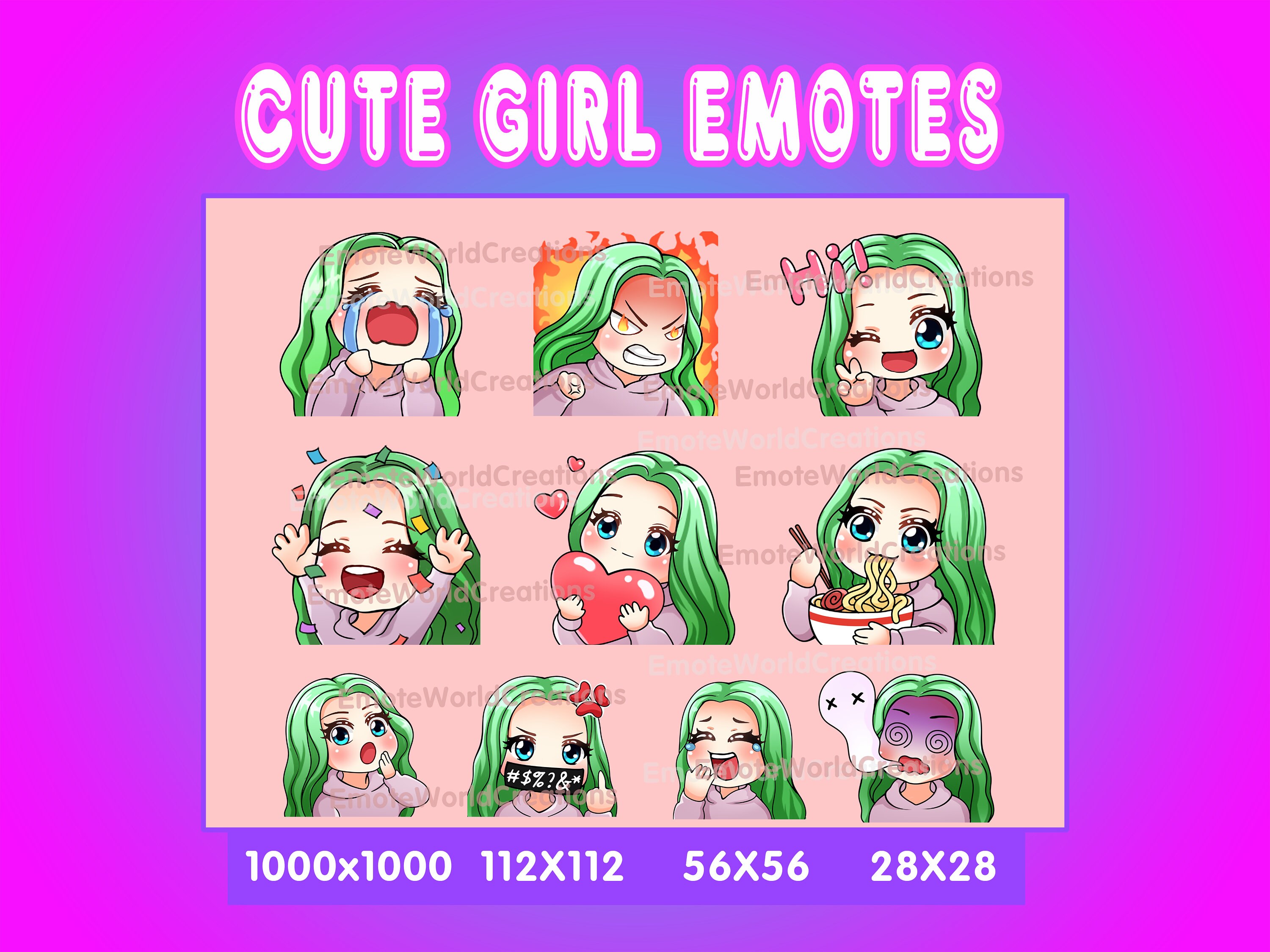 Green Hair Girl Emotes for Twitch or Discord Streamers, Chibi Girl ...