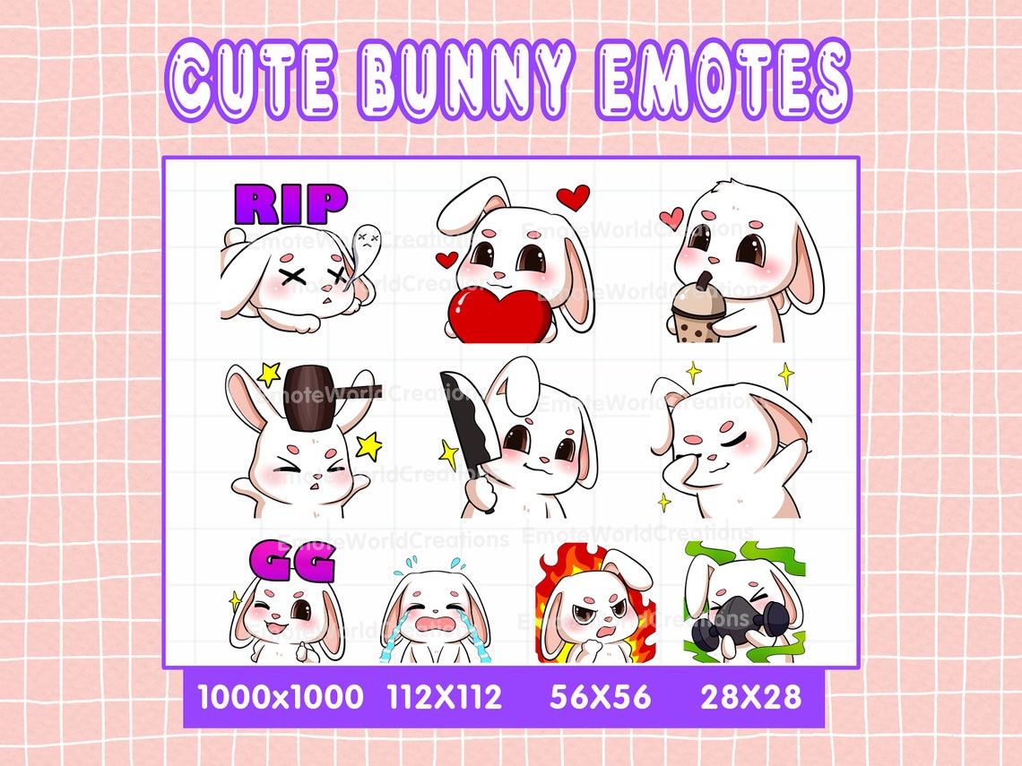 Cute Bunny Emotes for Twitch or Discord Streamers, 10 Rabbit Emoji Pack ...