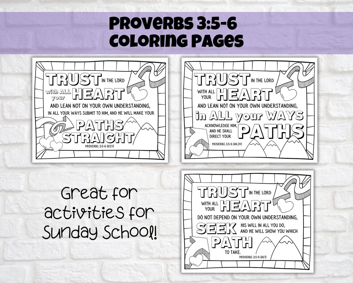 Proverbs 3:5-6 Trust in the Lord Set of 5 Printable Colouring Pages for ...
