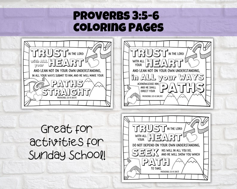 Proverbs 3:5-6 Trust in the Lord Set of 5 Printable Colouring Pages for ...