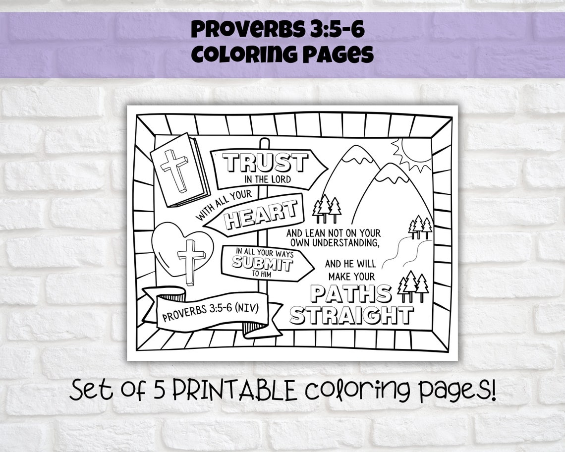 Proverbs 3:5-6 Trust in the Lord Set of 5 Printable Colouring Pages for ...