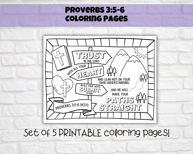 Proverbs 3:5-6 Trust in the Lord Set of 5 Printable Colouring Pages for ...