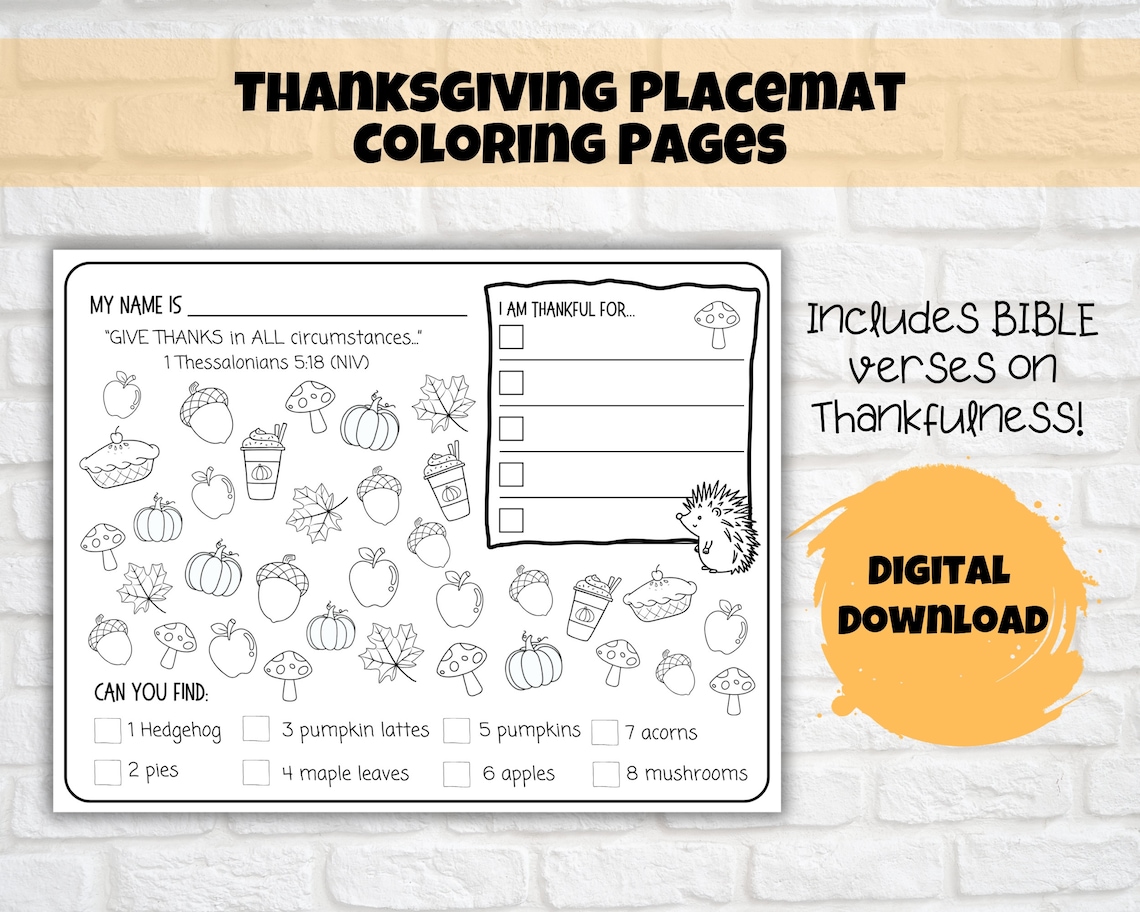Thanksgiving/fall Bible Verse Set of 5 Placemat Coloring Pages, Sunday ...