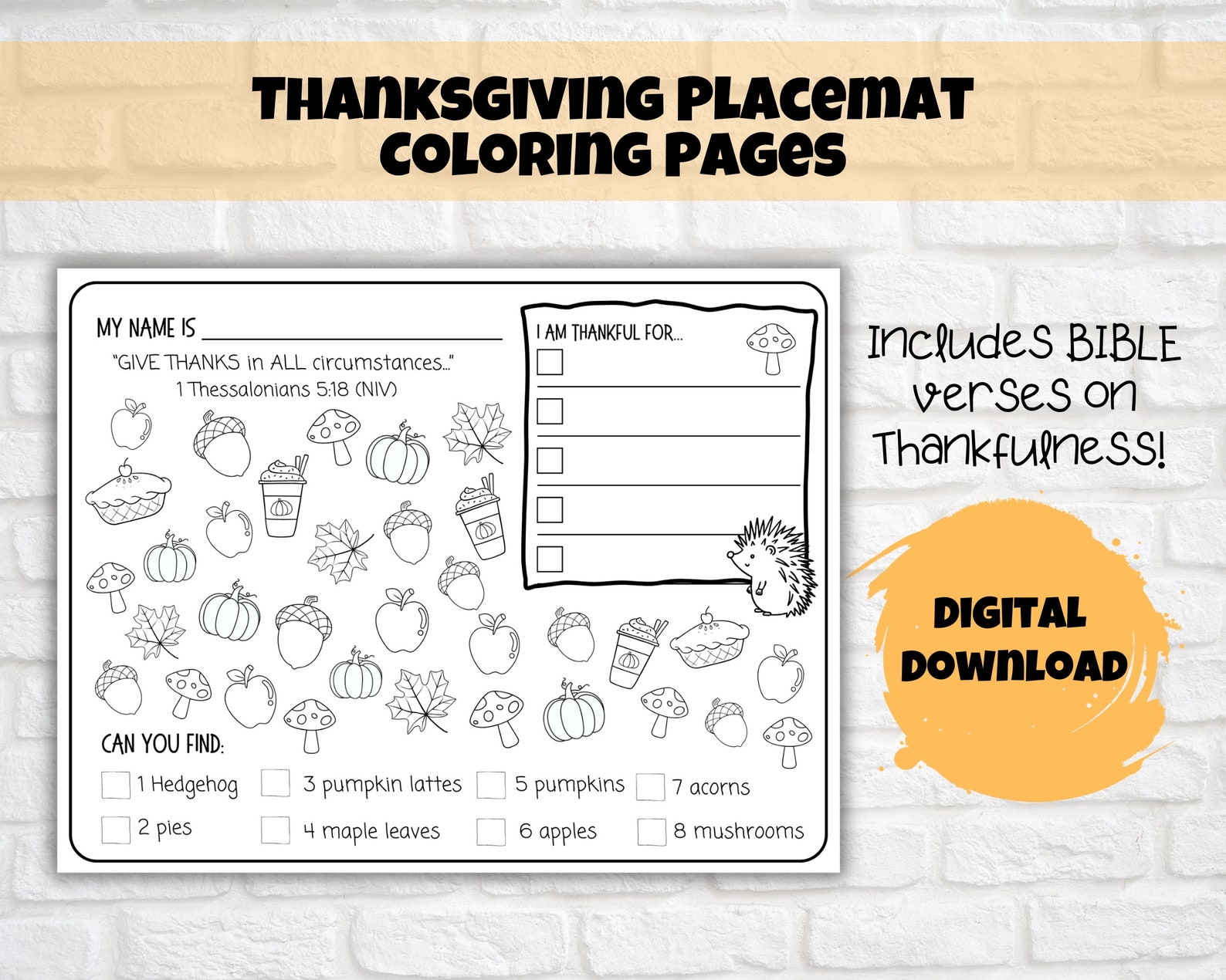 Thanksgiving/fall Bible Verse Set of 5 Placemat Coloring Pages, Sunday ...