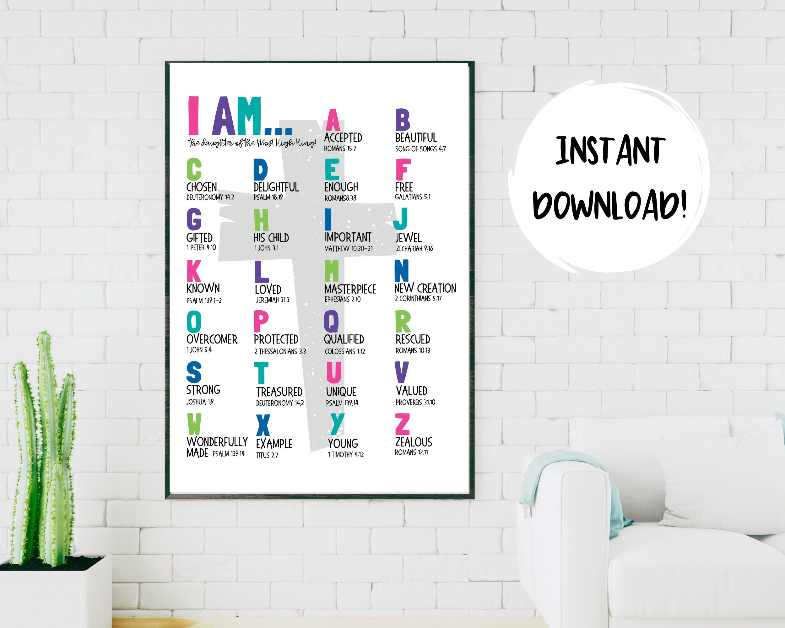 ABC Affirmations Identity in Christ Wall Art for Girls, Bible Verse ...