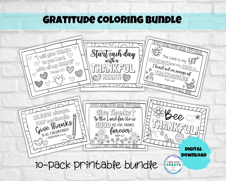 Gratitude Bible Verse Coloring Set of 10, Sunday School, Thankful Heart ...