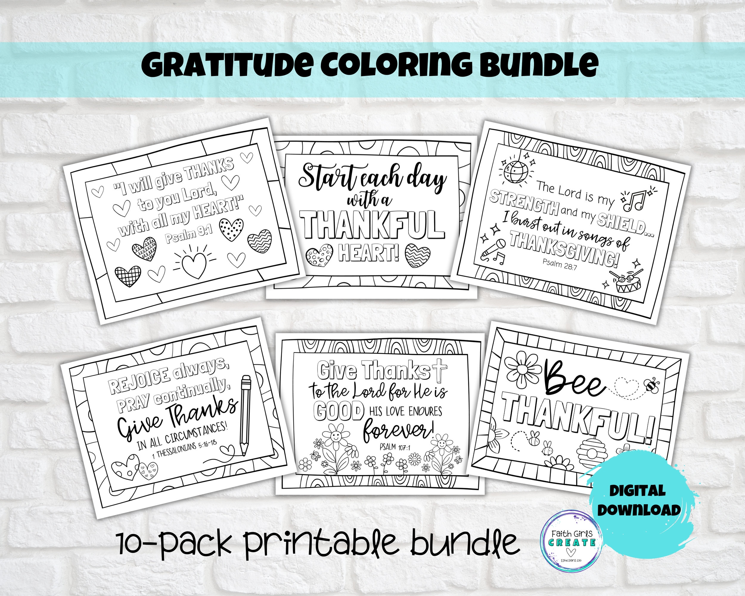 Gratitude Bible Verse Coloring Set of 10, Sunday School, Thankful Heart ...