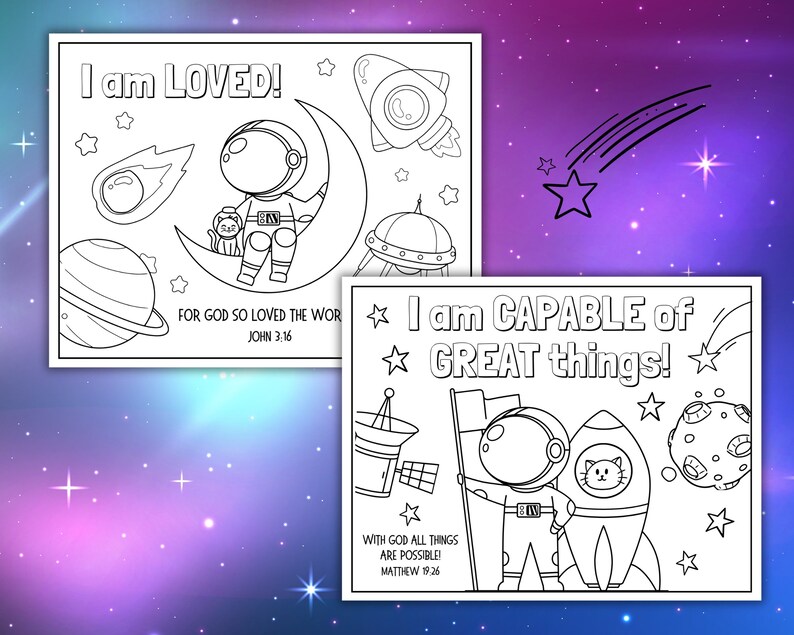 Space Themed Bible Verse Coloring Set of 10, Printable Sunday School ...