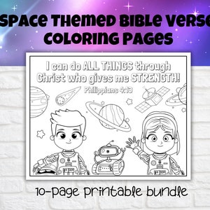 Space Themed Bible Verse Coloring Set of 10, Printable Sunday School ...