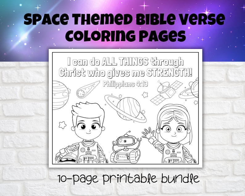 Space Themed Bible Verse Coloring Set of 10, Printable Sunday School ...