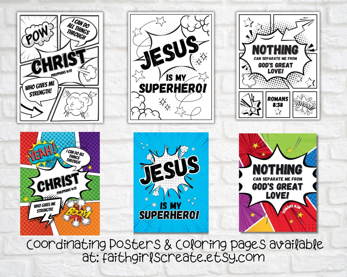 Superhero Comic Book Bible Verse Coloring Set of 6, Kids Scripture ...