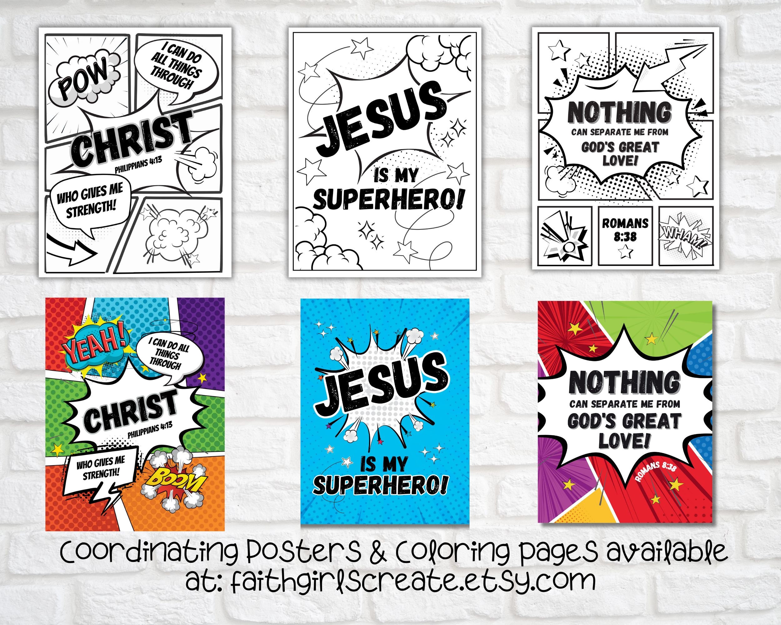 Superhero Comic Book Bible Verse Coloring Set of 6, Kids Scripture ...