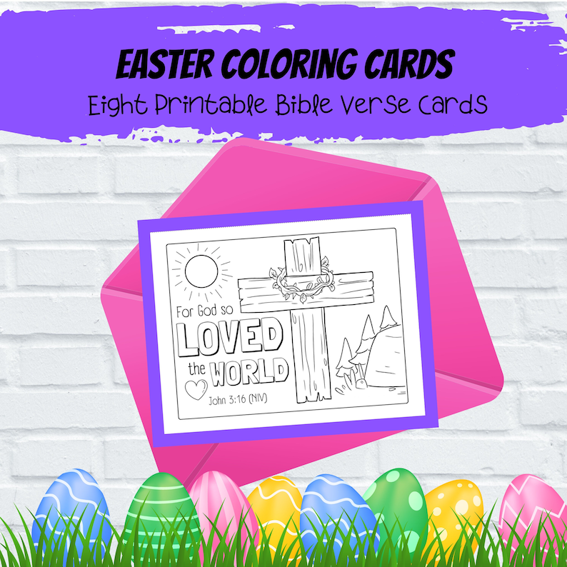 Kids Easter Themed Bible Verse Colouring Card Set of 8, Printable ...
