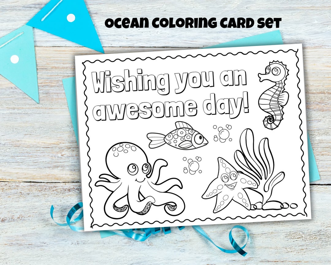 Ocean Coloring Card Set of 8 for Kids, Affirmation, Encouraging Growth ...