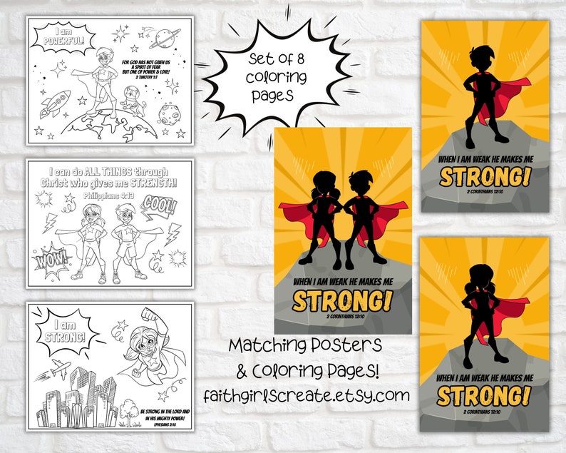 Superhero Bible Verse Coloring Pages Set of 8, Kids Scripture Coloring ...