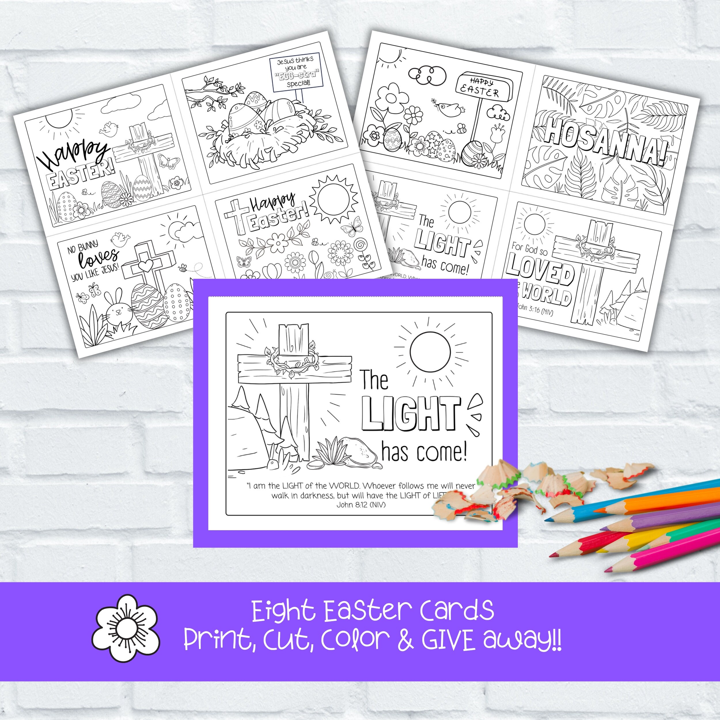 Kids Easter Themed Bible Verse Colouring Card Set of 8, Printable ...