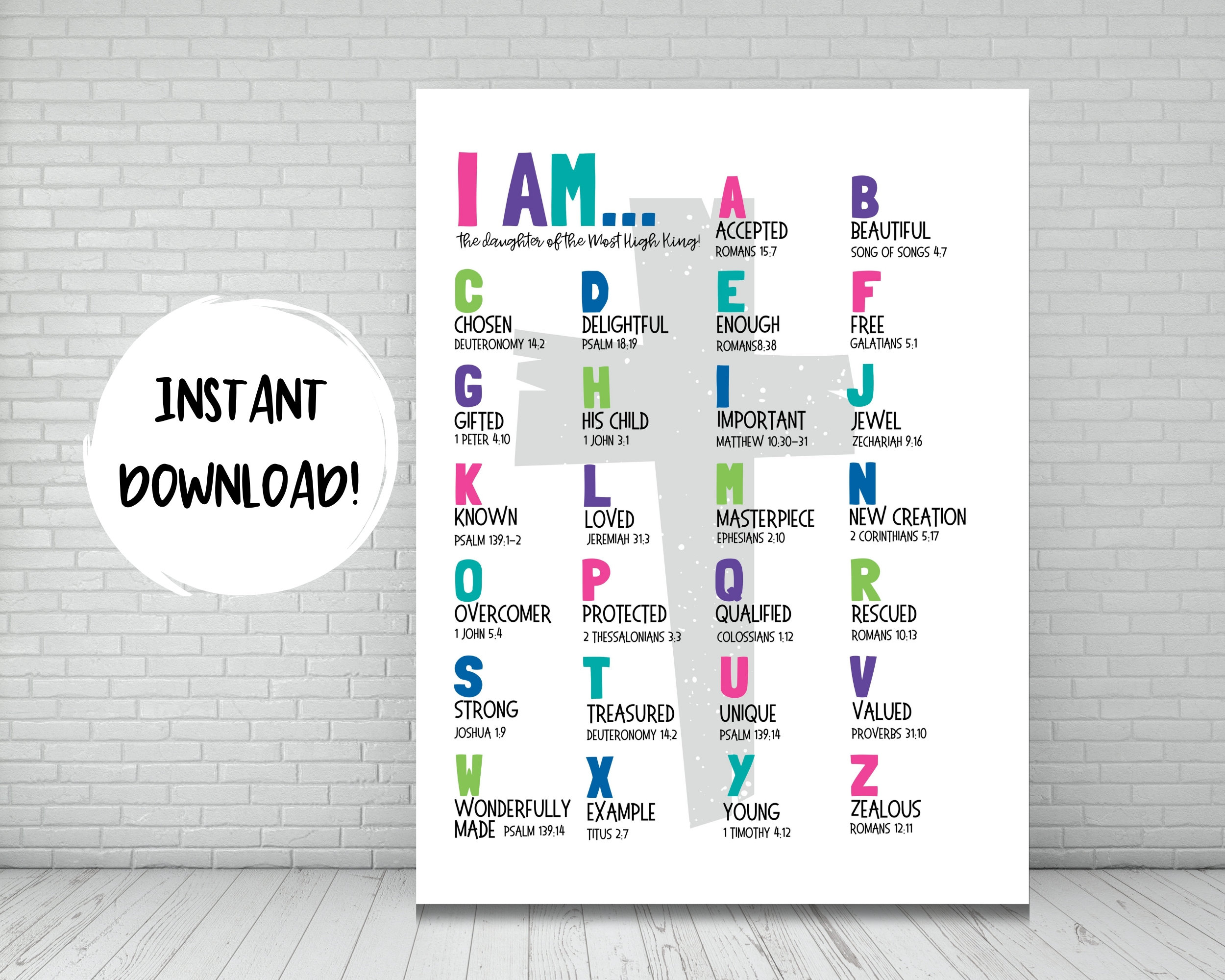 ABC Affirmations Identity in Christ Wall Art for Girls, Bible Verse ...