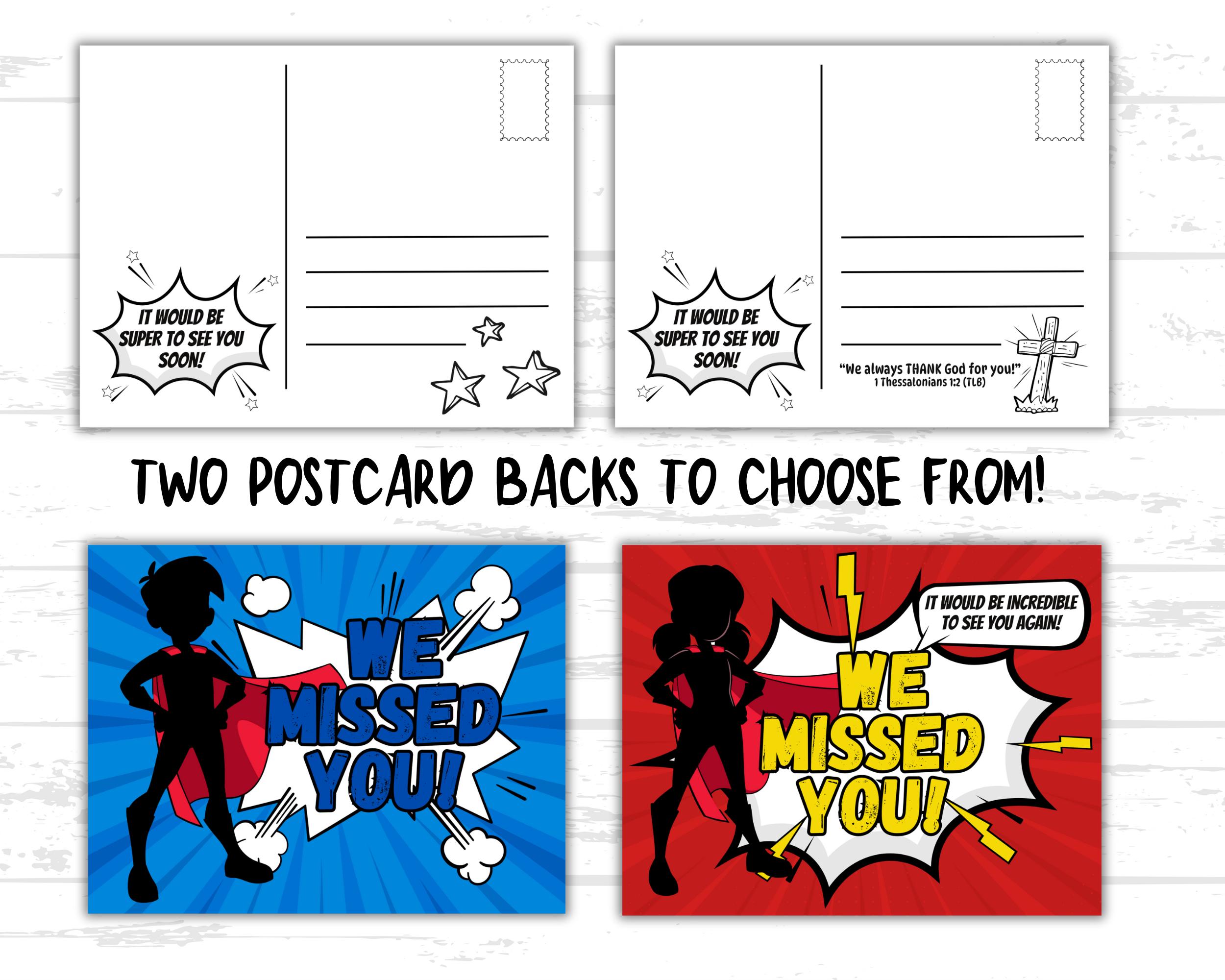 Superhero Printable "missed You" Cards, Set of 8 Full Color Postcards ...