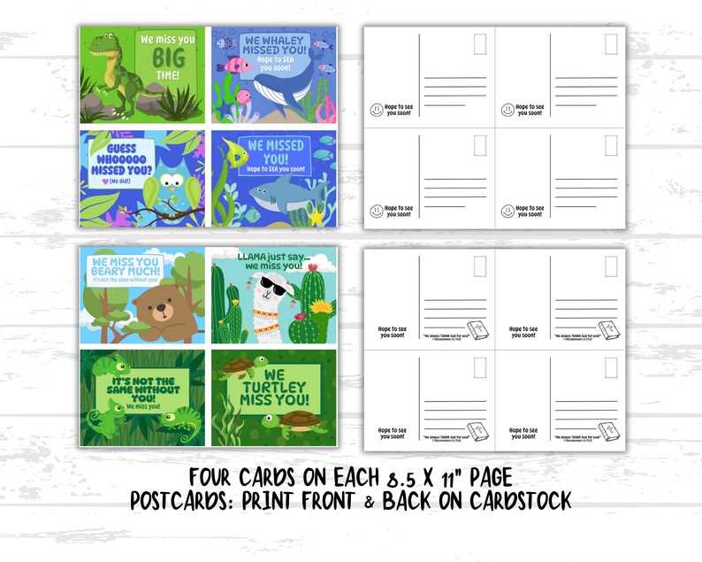Critter Printable "missed You" Cards, Set of 8 Full Color Postcards ...
