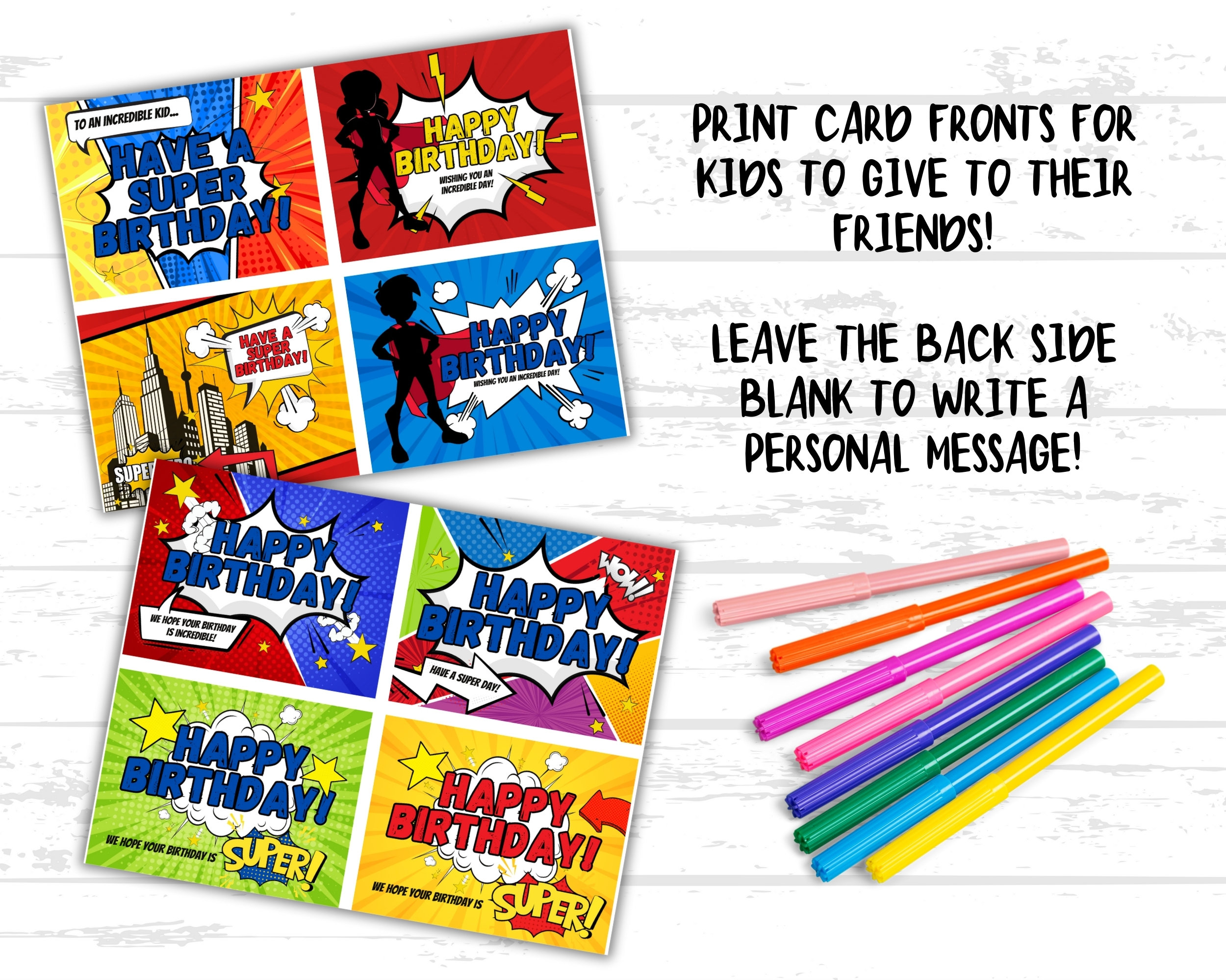 Superhero Printable Birthday Cards, Set of 8 Full Color Postcards ...