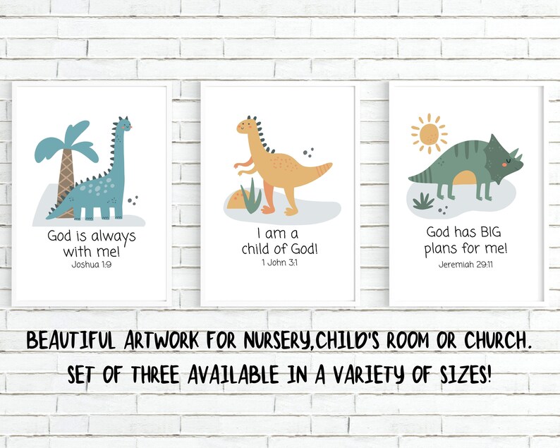 Set of Three Dinosaur Kids Printable Bible Verse Wall Art, Kids Room ...
