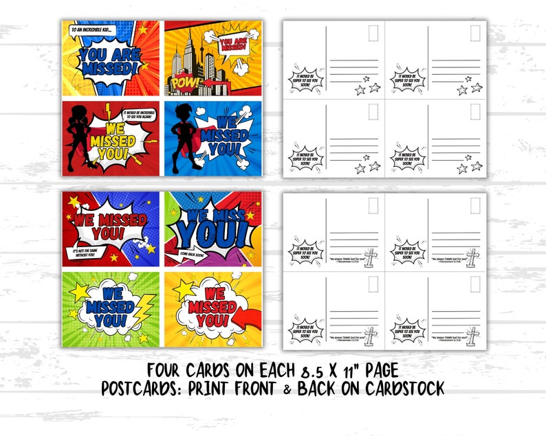 Superhero Printable "missed You" Cards, Set of 8 Full Color Postcards ...