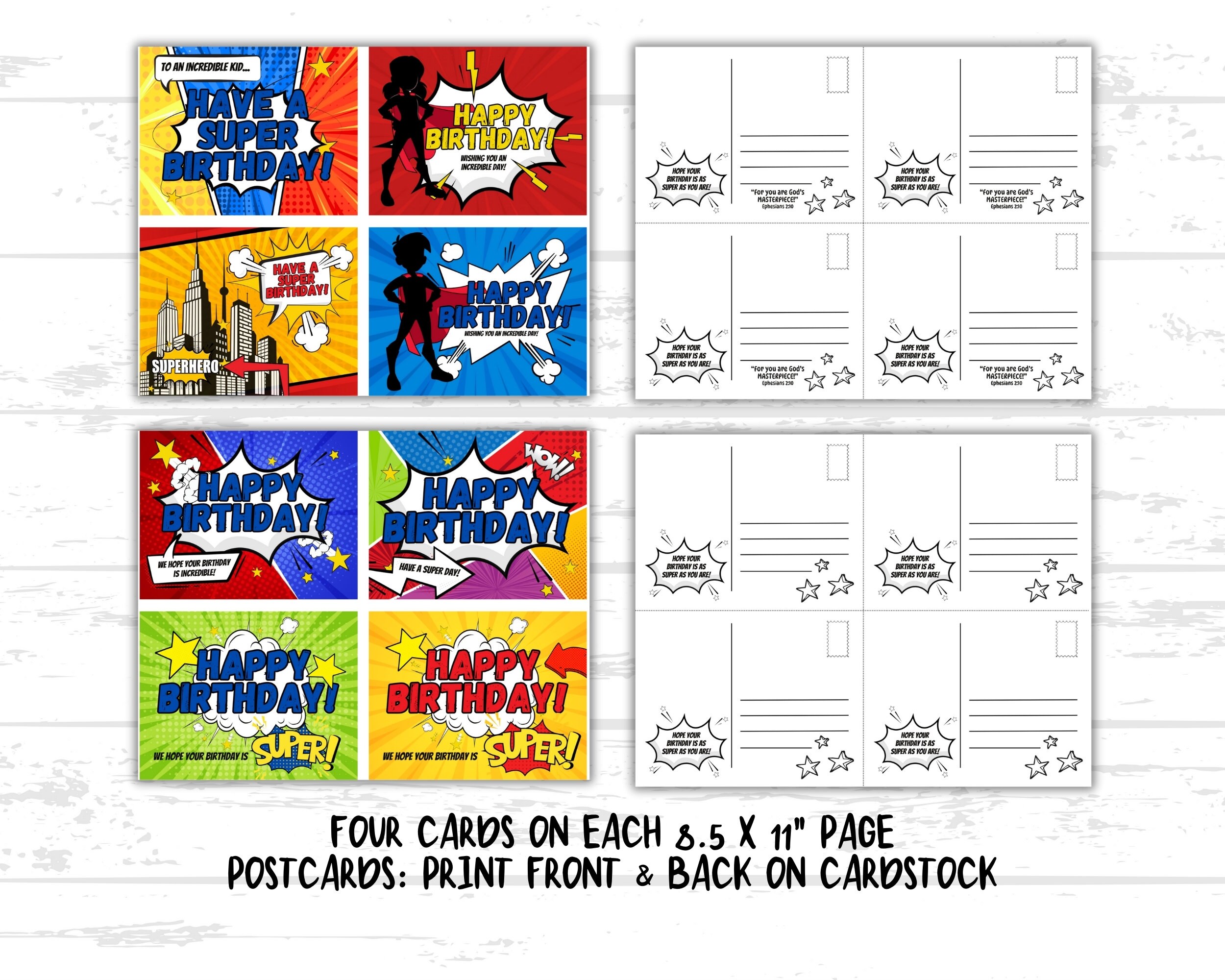 Superhero Printable Birthday Cards, Set of 8 Full Color Postcards ...
