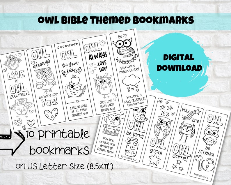 Owl Bible Themed Bookmarks, Set of 10 Kids Printable Colouring ...