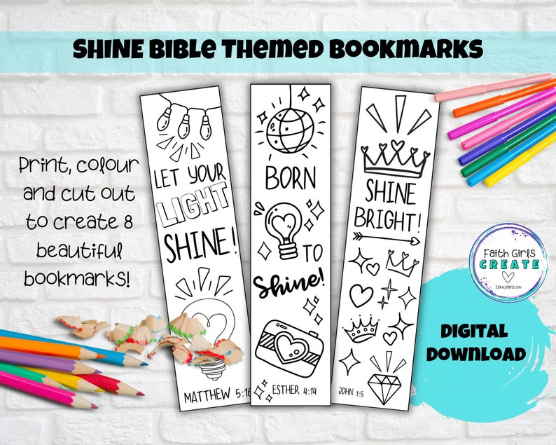 SHINE Bible Themed Kids Printable Colouring Bookmarks, Affirmation ...