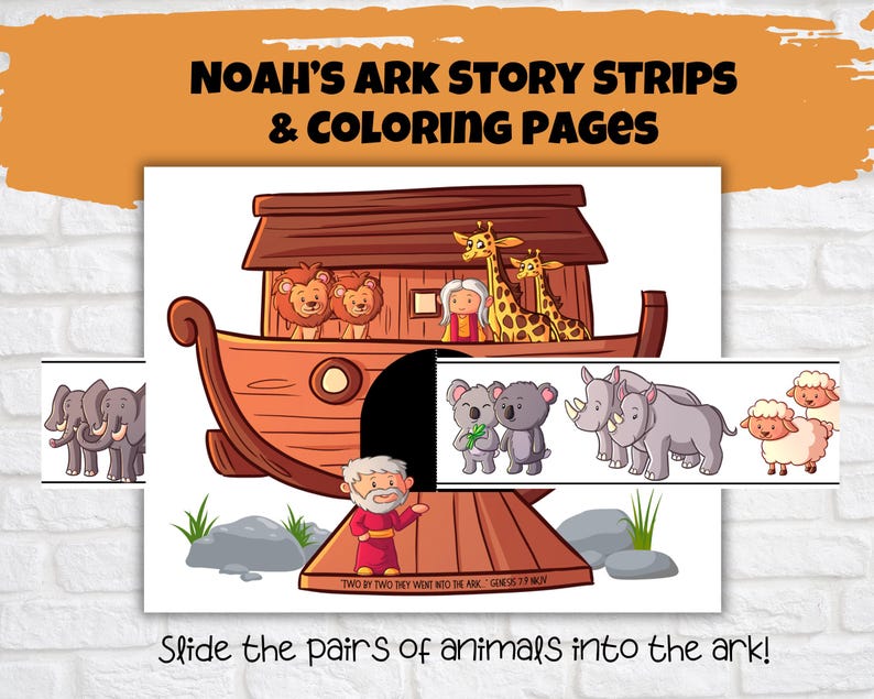 Noah's Ark Story Strips and Coloring Pages, Sunday School Activity ...