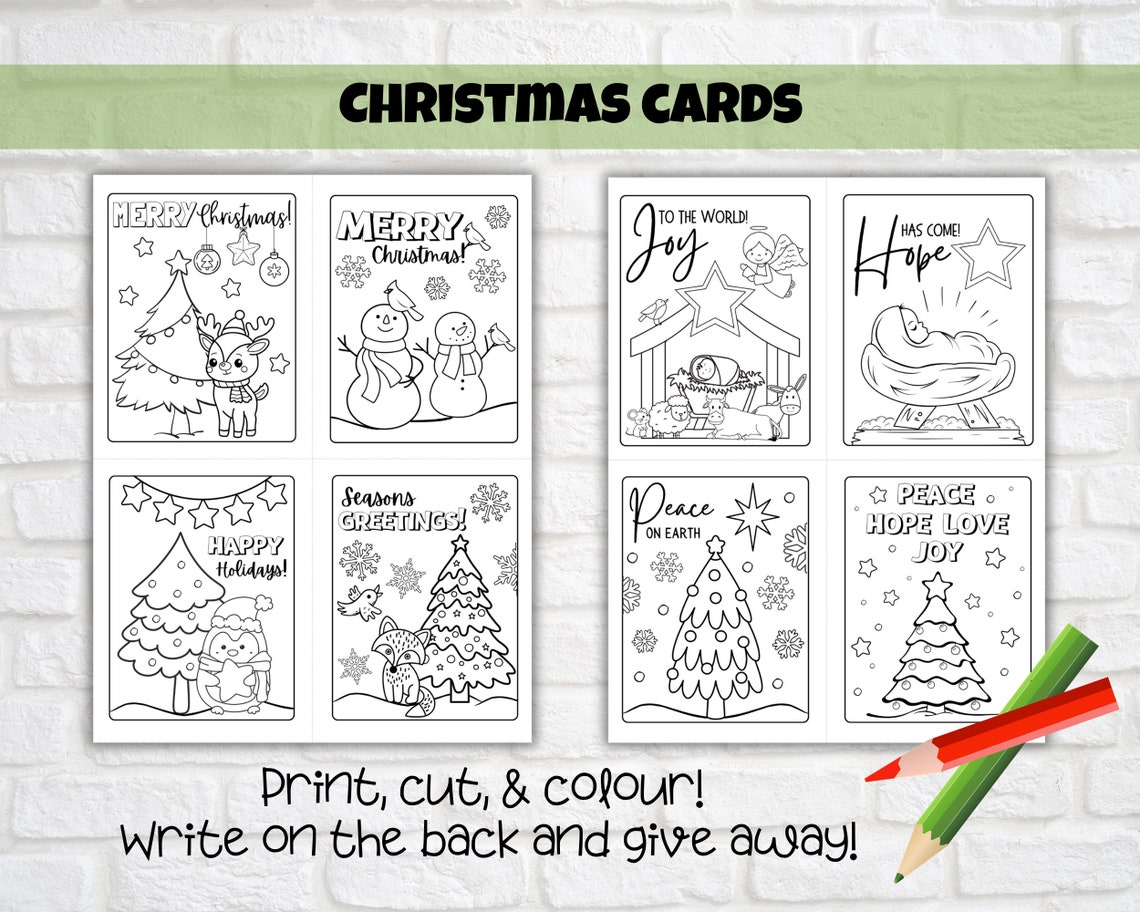 Kids Printable Christmas Cards to Colour, Set of 8, Sunday School ...
