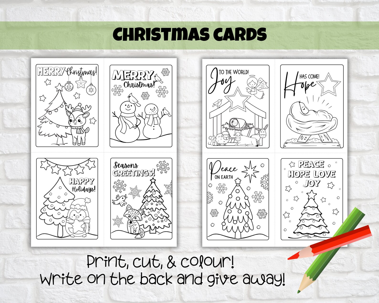 Kids Printable Christmas Cards to Colour, Set of 8, Sunday School ...