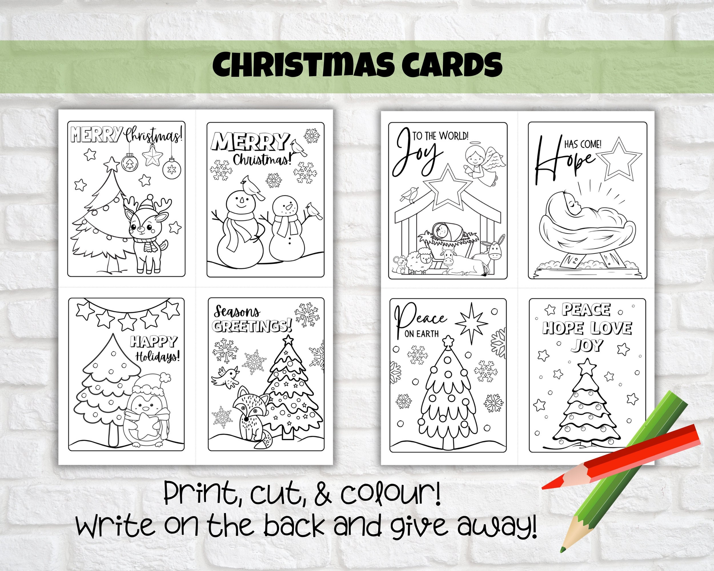 Kids Printable Christmas Cards to Colour, Set of 8, Sunday School ...