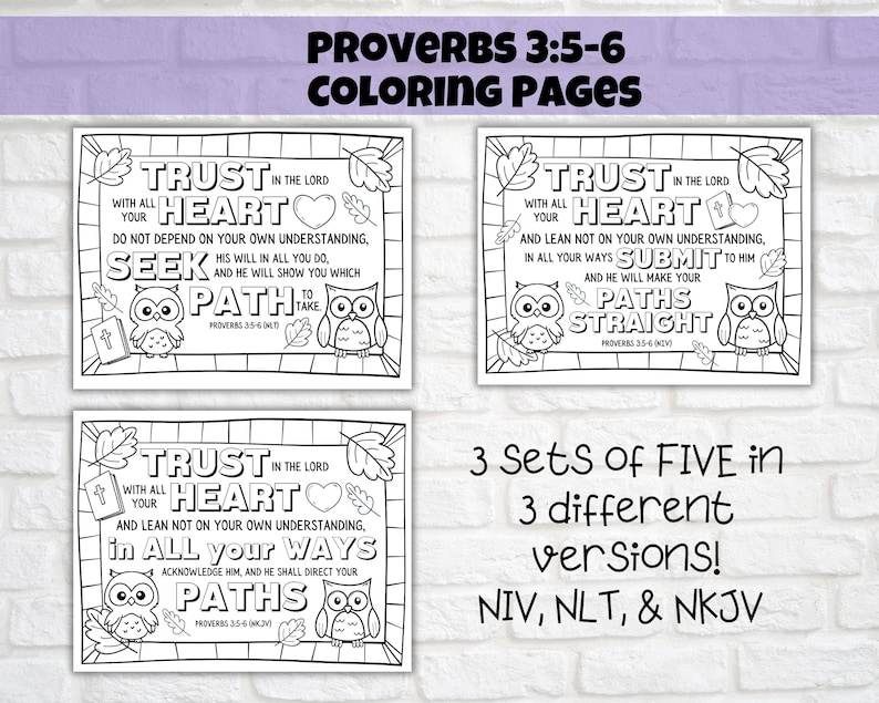 Proverbs 3:5-6 Trust in the Lord Set of 5 Printable Colouring Pages for ...