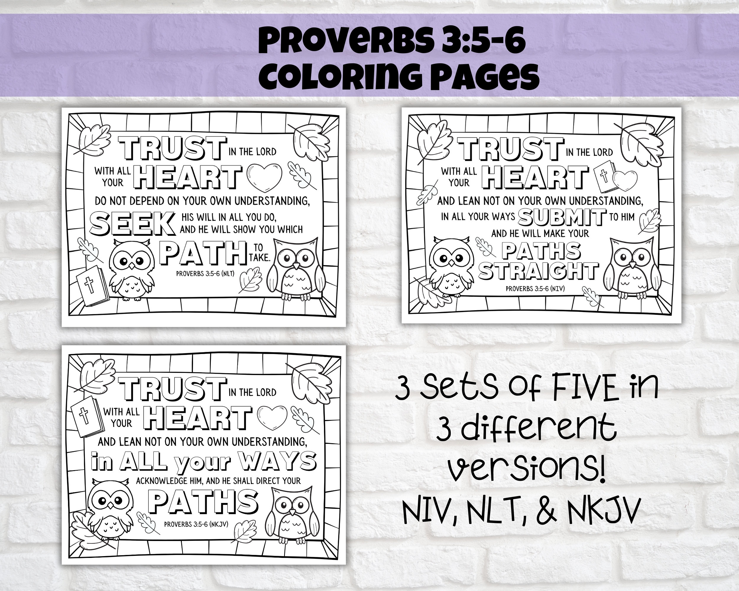 Proverbs 3:5-6 Trust in the Lord Set of 5 Printable Colouring Pages for ...