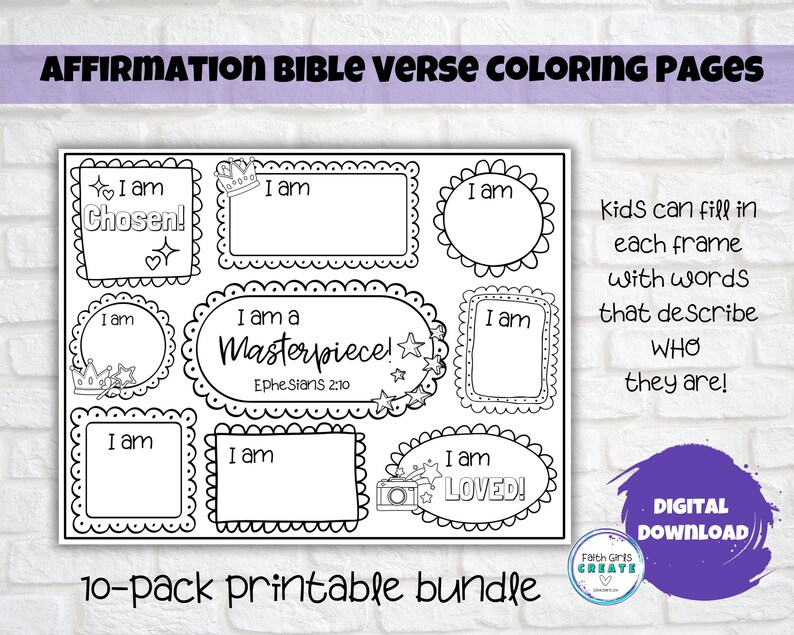 Affirmation Bible Verse Colouring Set, Faith Girls, Kids Printable ...