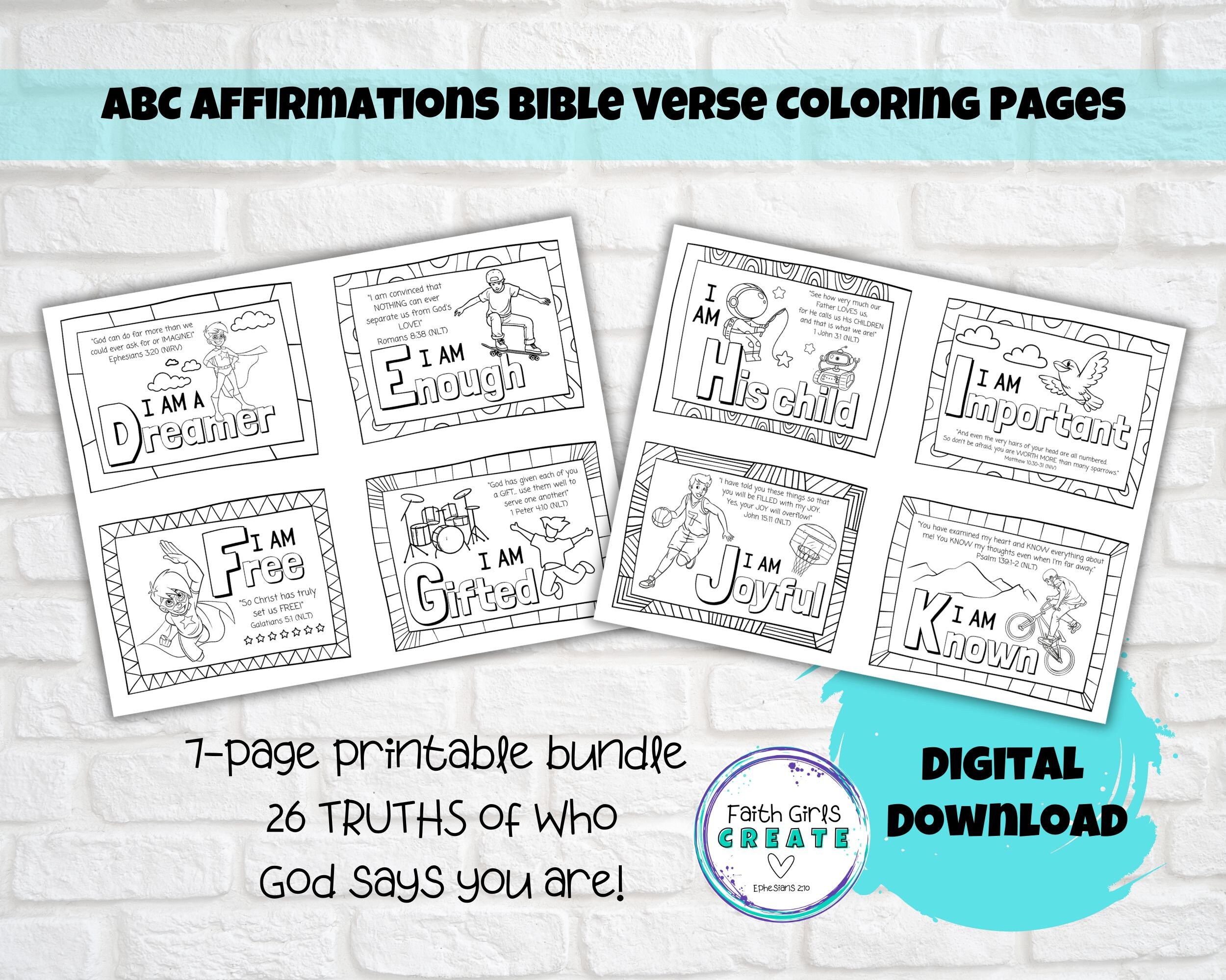 ABC Affirmations Bible Verse Identity in Christ Coloring Pages for BOYS ...