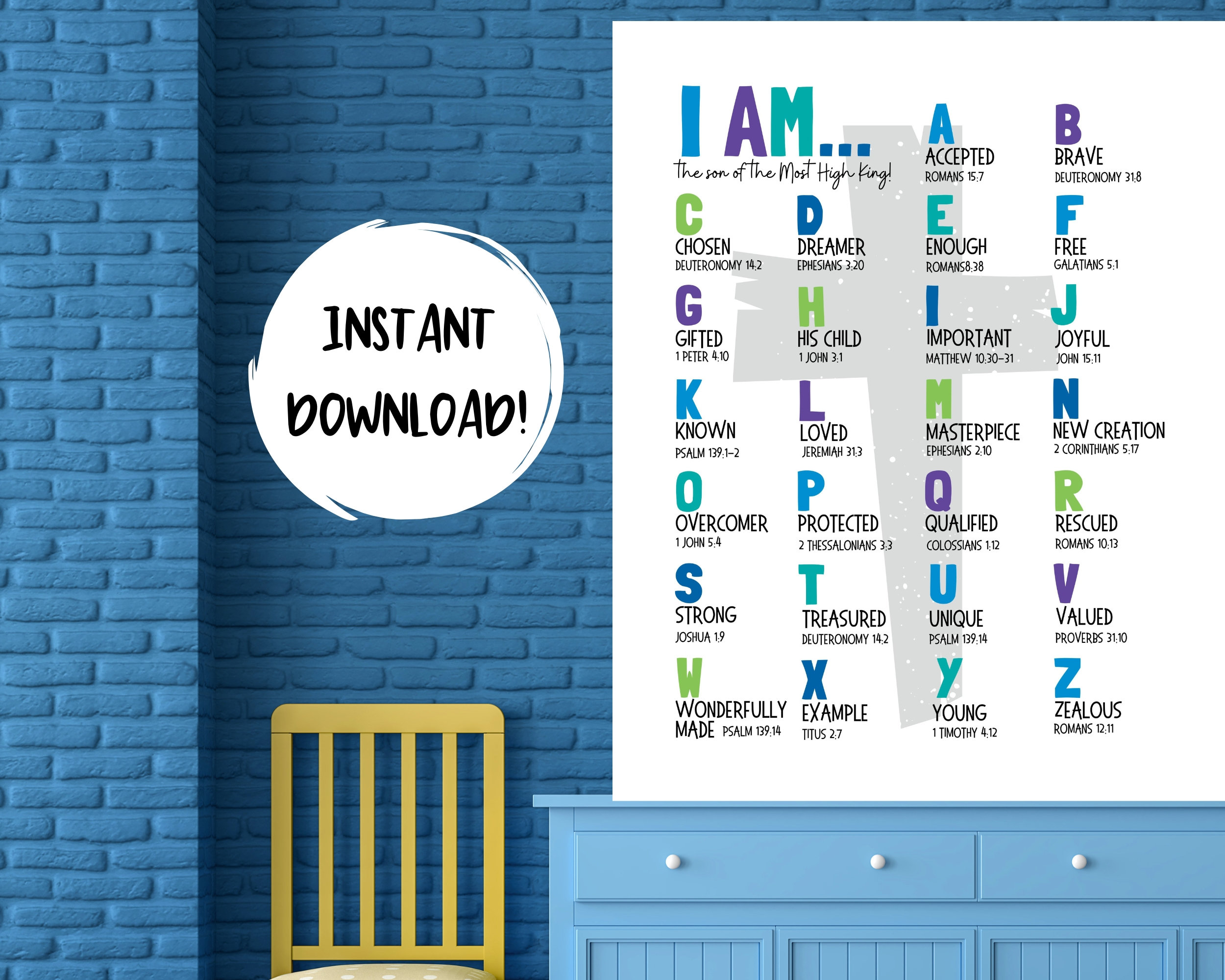 ABC Affirmations Identity in Christ Wall Art for Boys, Bible Verse ...