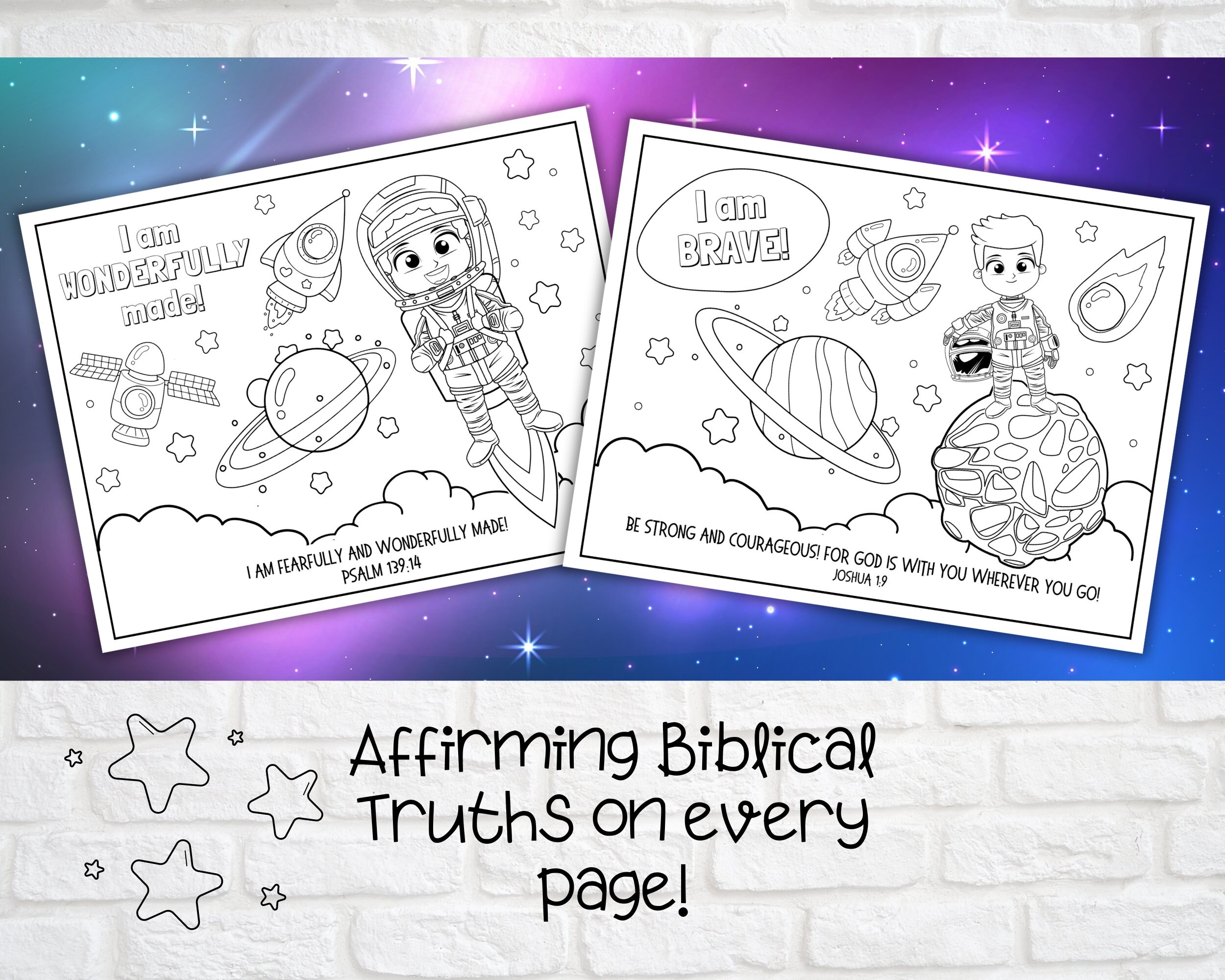 Space Themed Bible Verse Coloring Set of 10, Printable Sunday School ...