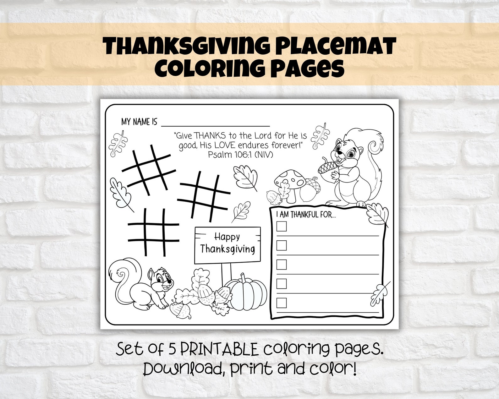 Thanksgiving/fall Bible Verse Set of 5 Placemat Coloring Pages, Sunday ...