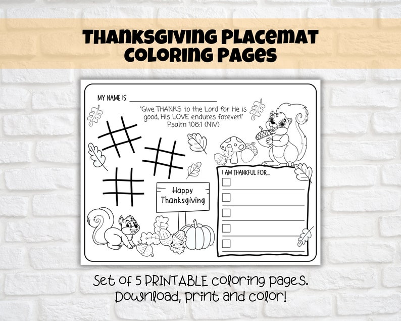 Thanksgiving/fall Bible Verse Set of 5 Placemat Coloring Pages, Sunday ...