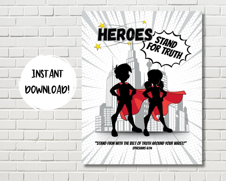 Heroes Bible Verse Wall Art, Superhero Printable Scripture Poster ...
